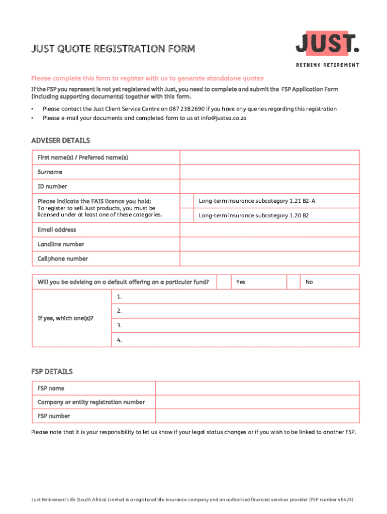 Fillable Online JUST QUOTE REGISTRATION FORM Fax Email Print - pdfFiller
