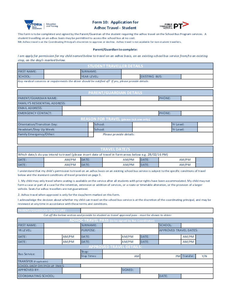 Fillable Online Form 10: Application for Adhoc Travel - Student Fax ...
