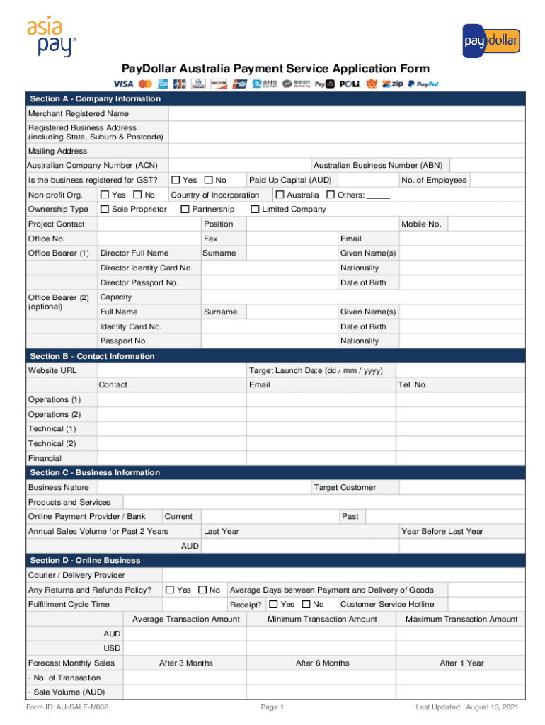 Fillable Online PayDollar Australia Payment Service Application Form Fax Email Print - pdfFiller