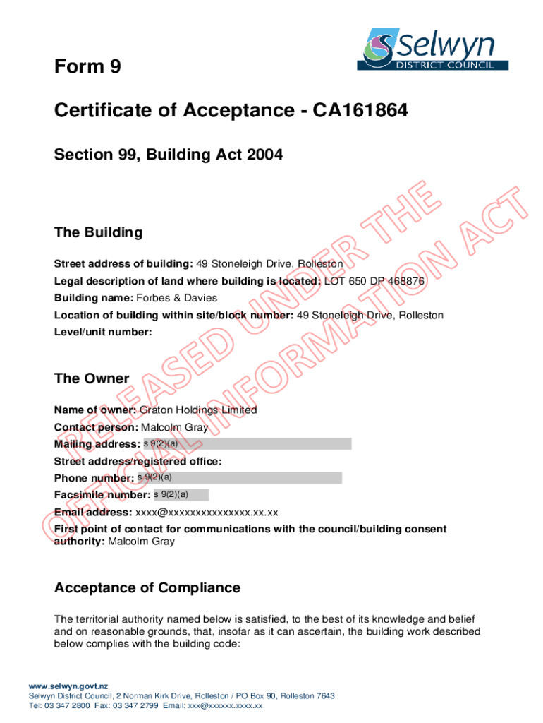 Fillable Online fyi org Form 9 Certificate of Acceptance - CA161864 ...