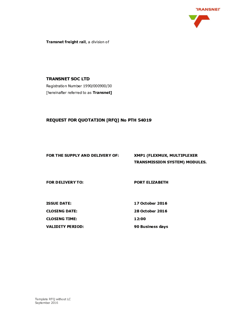Fillable Online Transnet Request for Quotation No PTH 54019 Fax Email Print - pdfFiller