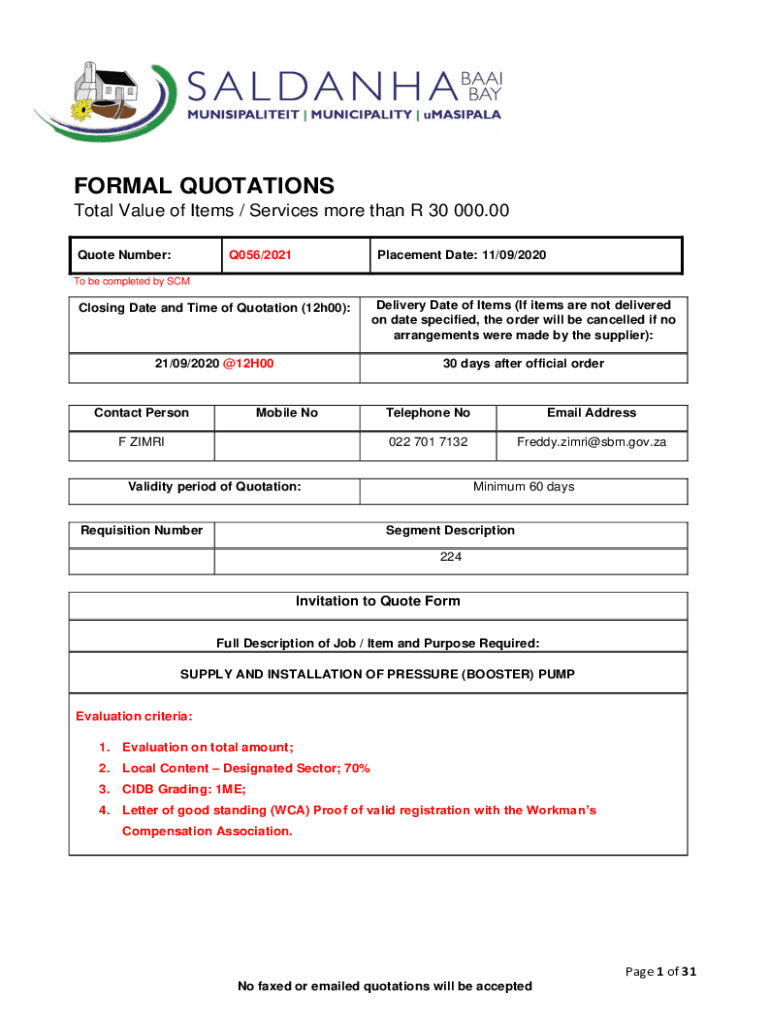 Fillable Online sbm gov SUPPLY AND INSTALLATION OF PRESSURE (BOOSTER ...