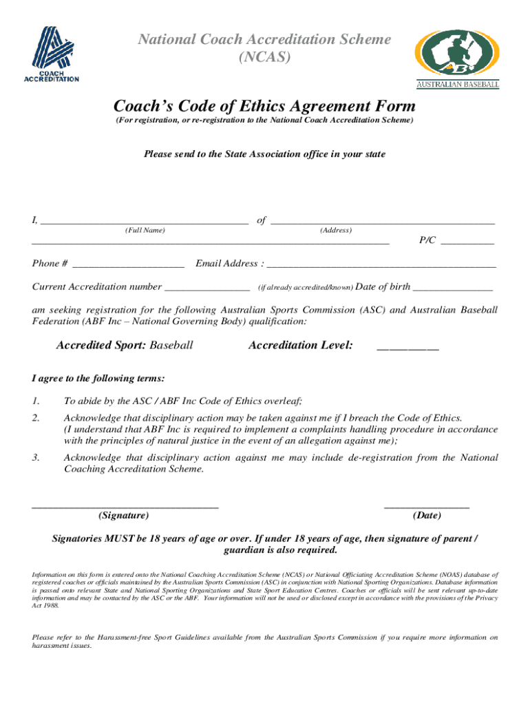 Fillable Online Coach's Code of Ethics Agreement Form - Basketball ...