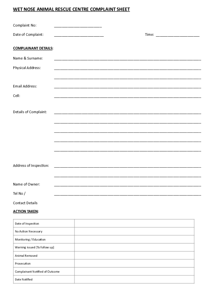 Fillable Online Blank - Complaint form - Wetnose Animal Rescue Center ...