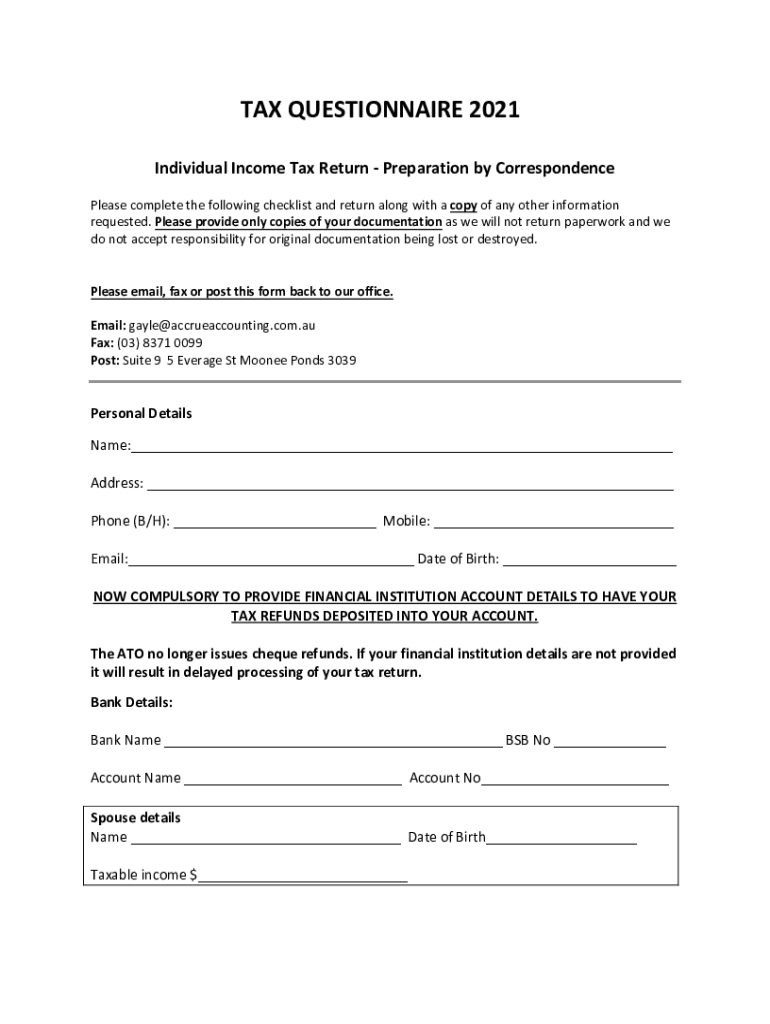 Fillable Online TAX QUESTIONNAIRE 2021 - Accrue Accounting Fax Email ...