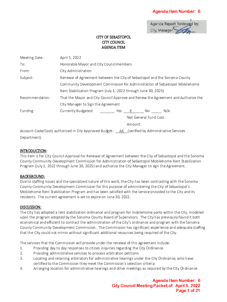 Fillable Online Renewal of Agreement between the City of Sebastopol and the Sonoma County Fax ...