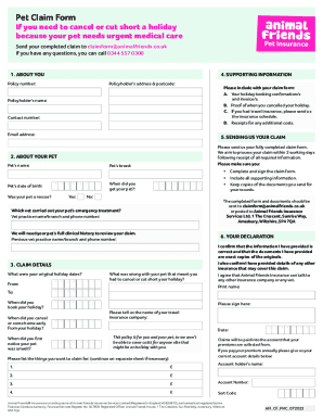 Fillable Online Pet Claim Form Vet Fees Policyholder to complete Fax ...