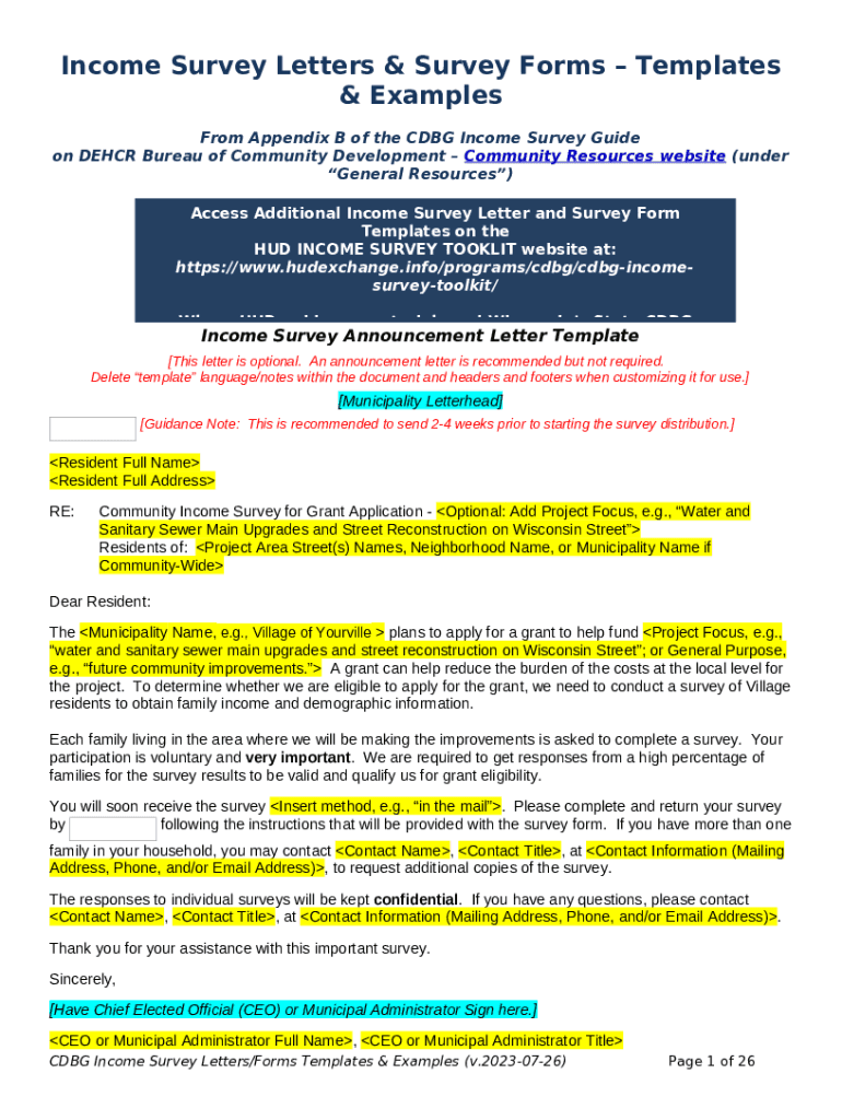CDBG Income Survey Letters/Templates Doc Template | pdfFiller