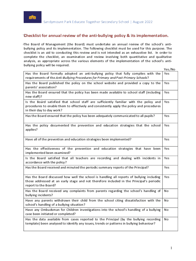 Fillable Online Checklist for Annual Review of the Anti-Bullying Policy ...