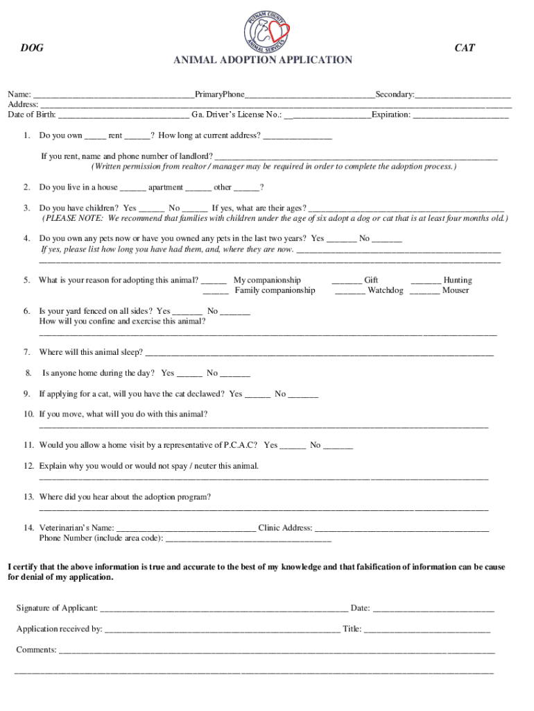 Fillable Online Animal Adoptions Application and Questionnaire Fax ...