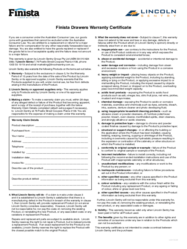 Fillable Online Finista Drawers Warranty Certificate Fax Email Print ...
