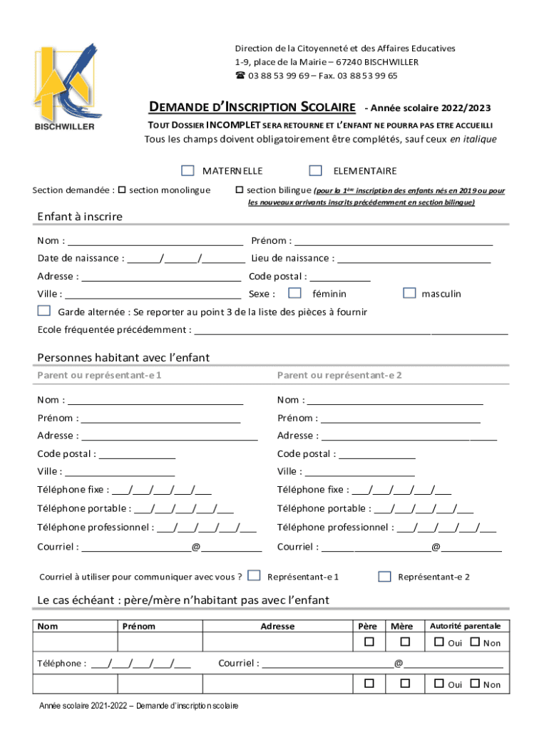 Remplissable En Ligne DEMANDE D'INSCRIPTION SCOLAIRE Fax Email Imprimer - pdfFiller