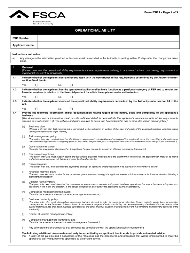 Fillable Online Form FSP 7 - OPERATIONAL ABILITY - fais-compliance.co ...