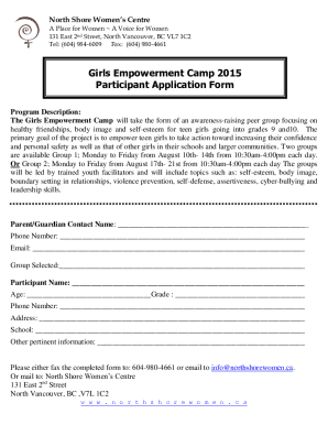 Fillable Online Girls Empowerment Camp 2015 Participant Application ...
