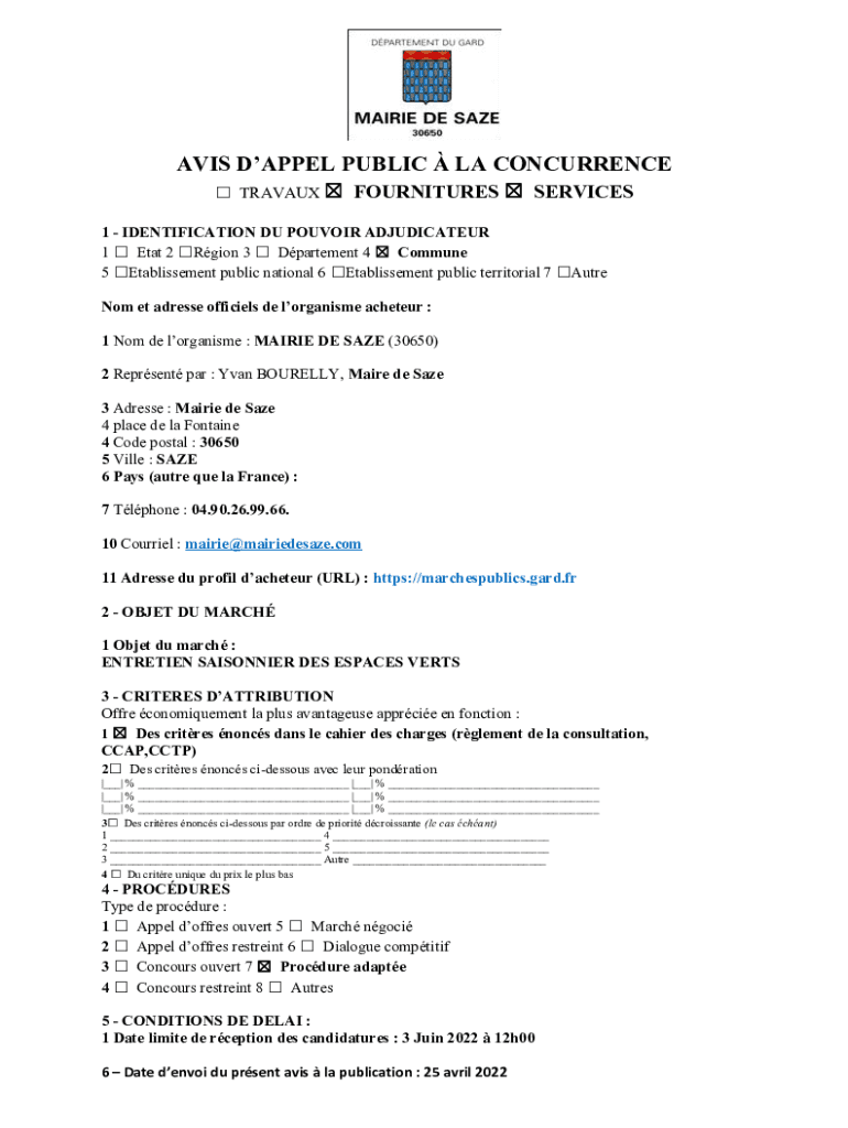 Remplissable En Ligne AVIS D'APPEL PUBLIC LA CONCURRENCE Fax Email ...