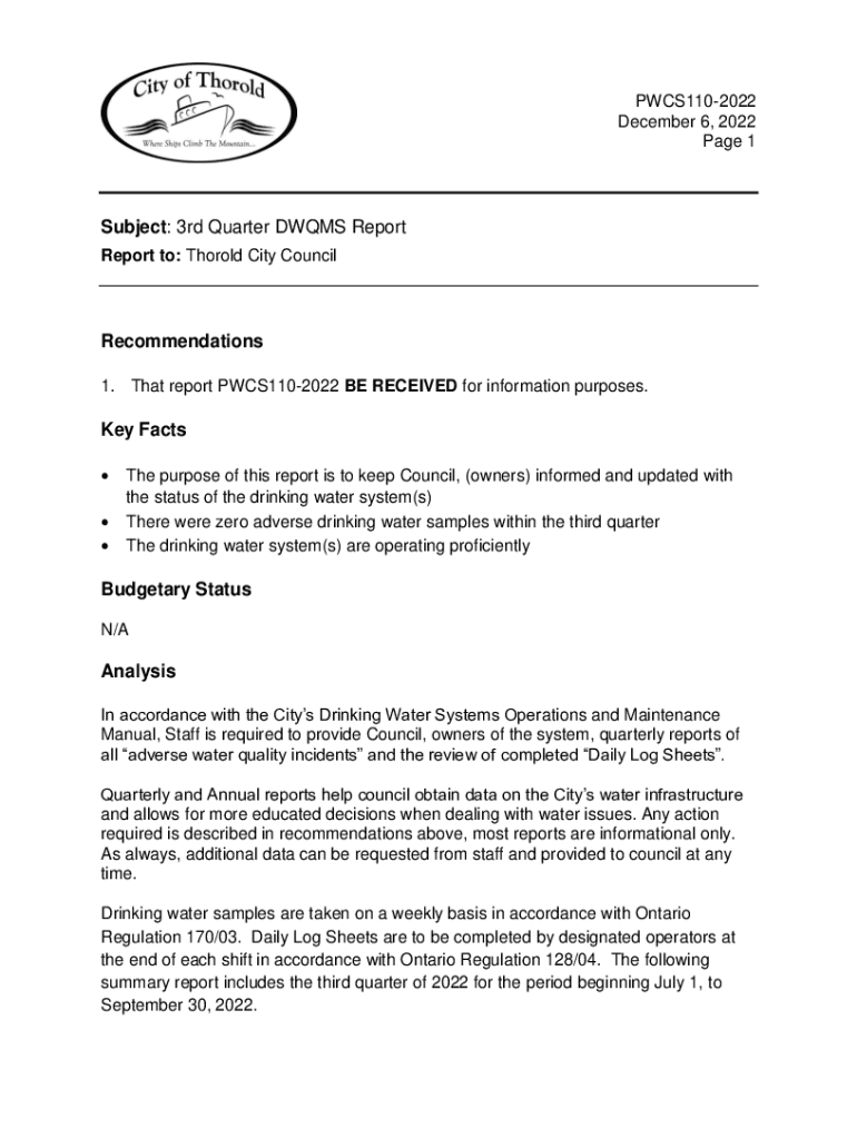 Fillable Online 3rd Quarter DWQMS Report Recommendations Key Facts ...