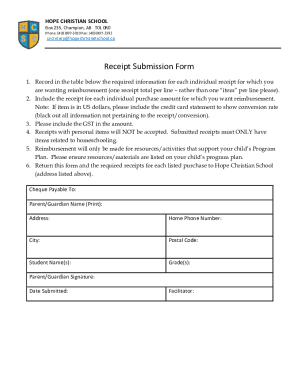Fillable Online Receipt Submission Form - Hope Christian School Fax ...