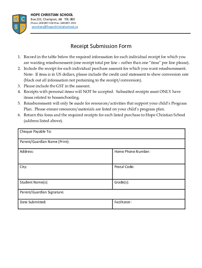 Fillable Online Receipt Submission Form - Hope Christian School Fax ...
