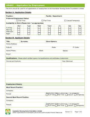 Fillable Online Job Application Form - Australian Nursing Home ...