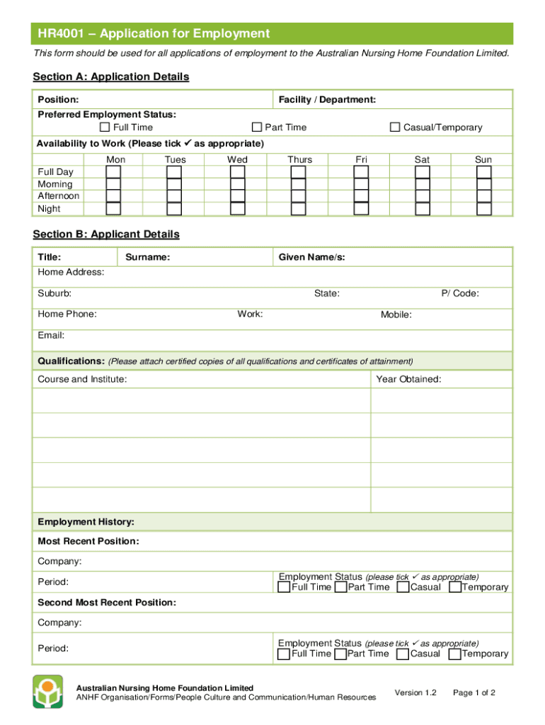 Fillable Online Job Application Form - Australian Nursing Home ...