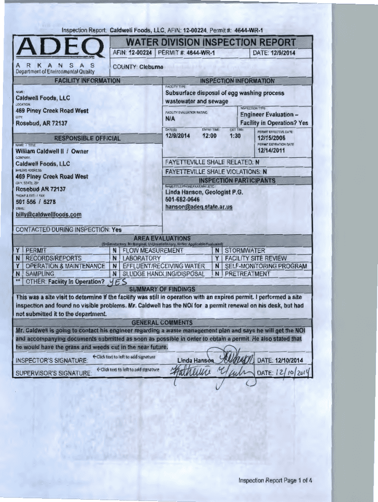 Fillable Online ADEQ WATER DIVISION INSPECTION REPORT Fax Email Print ...