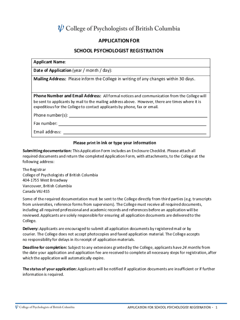 Fillable Online collegeofpsychologists bc application for school ...