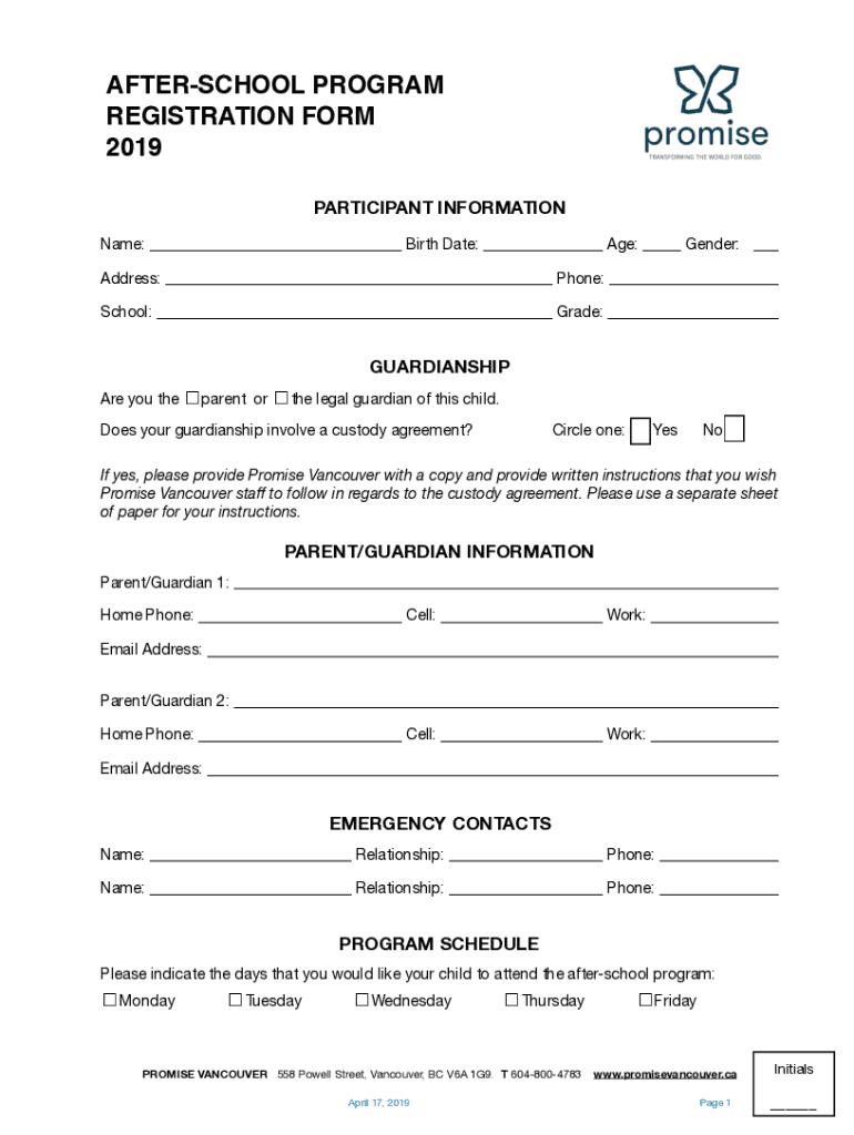 Fillable Online After-School Program Registration Form 2019 Fax Email ...