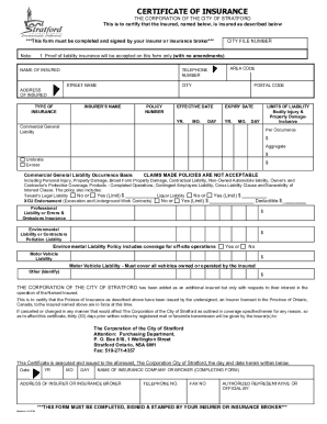 Fillable Online Certificate of Insurance. City Certificate of Insurance ...