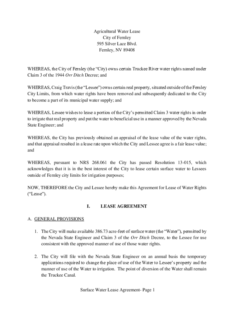 Fillable Online Surface Water Lease Agreement- Page 1 Agricultural ...