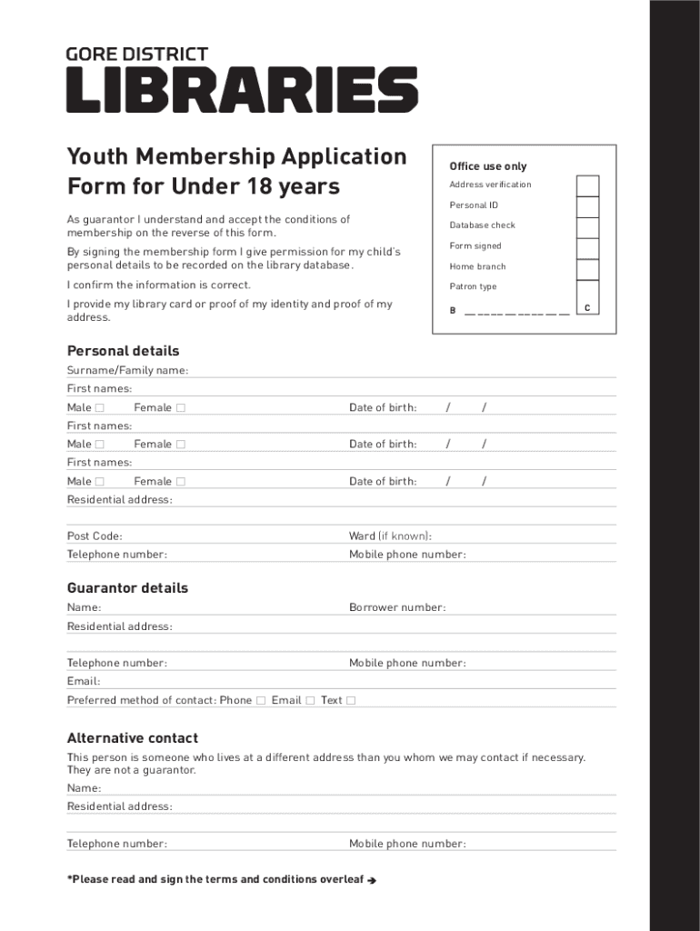 Fillable Online Youth Membership Application Form for Under 18 years ...