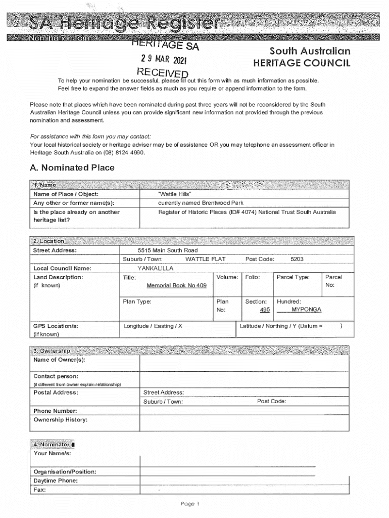 Fillable Online SA Heritage Register - Nomination form Fax Email Print ...
