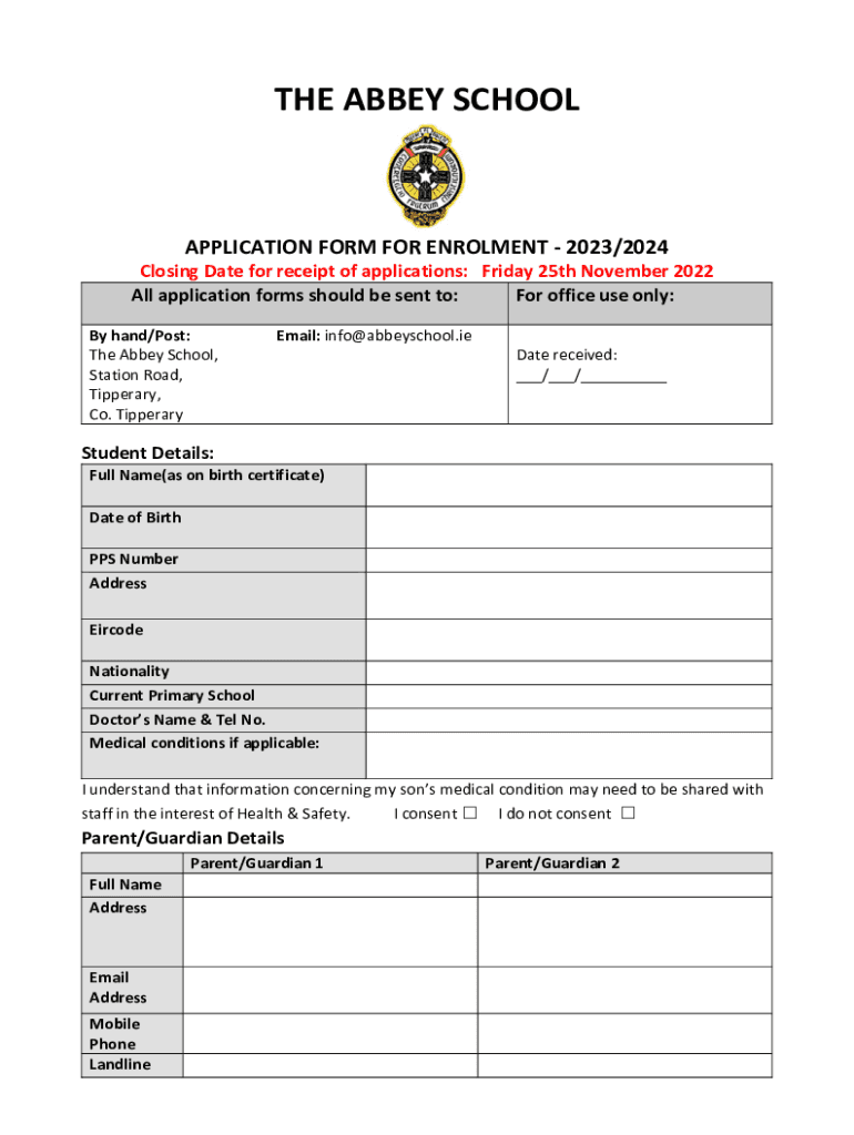 Fillable Online Application Form for Enrolment - 2023/2024 Fax Email ...