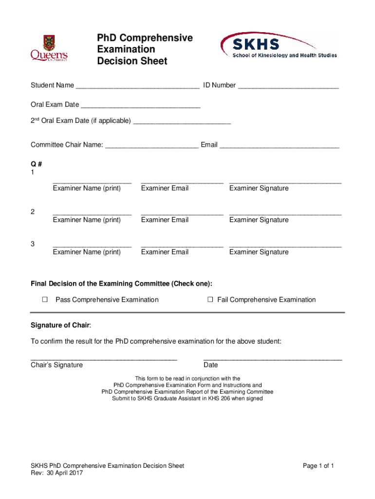 Fillable Online skhs queensu PhD Comprehensive Examination Decision Sheet Fax Email Print ...