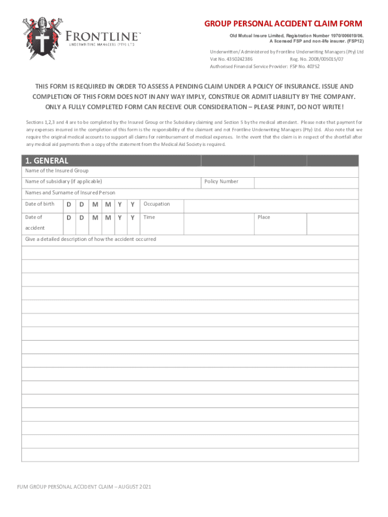 Fillable Online frontlineinsurance co GROUP PERSONAL ACCIDENT CLAIM ...