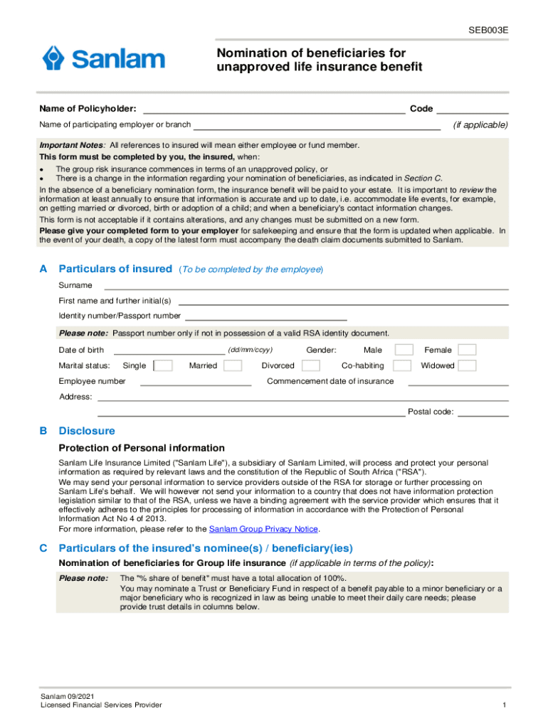 Fillable Online Nomination of beneficiaries for unapproved life ...