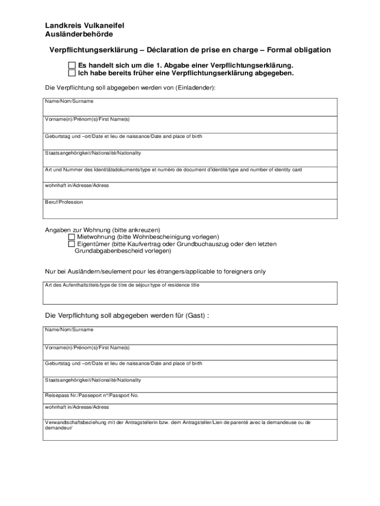 Ausfüllbar Online Verpflichtungserklrung Dclaration de prise en charge ...