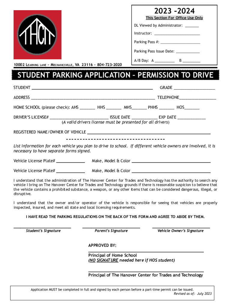 Fillable Online Student Parking Application - Permission to Drive Fax Email Print - pdfFiller