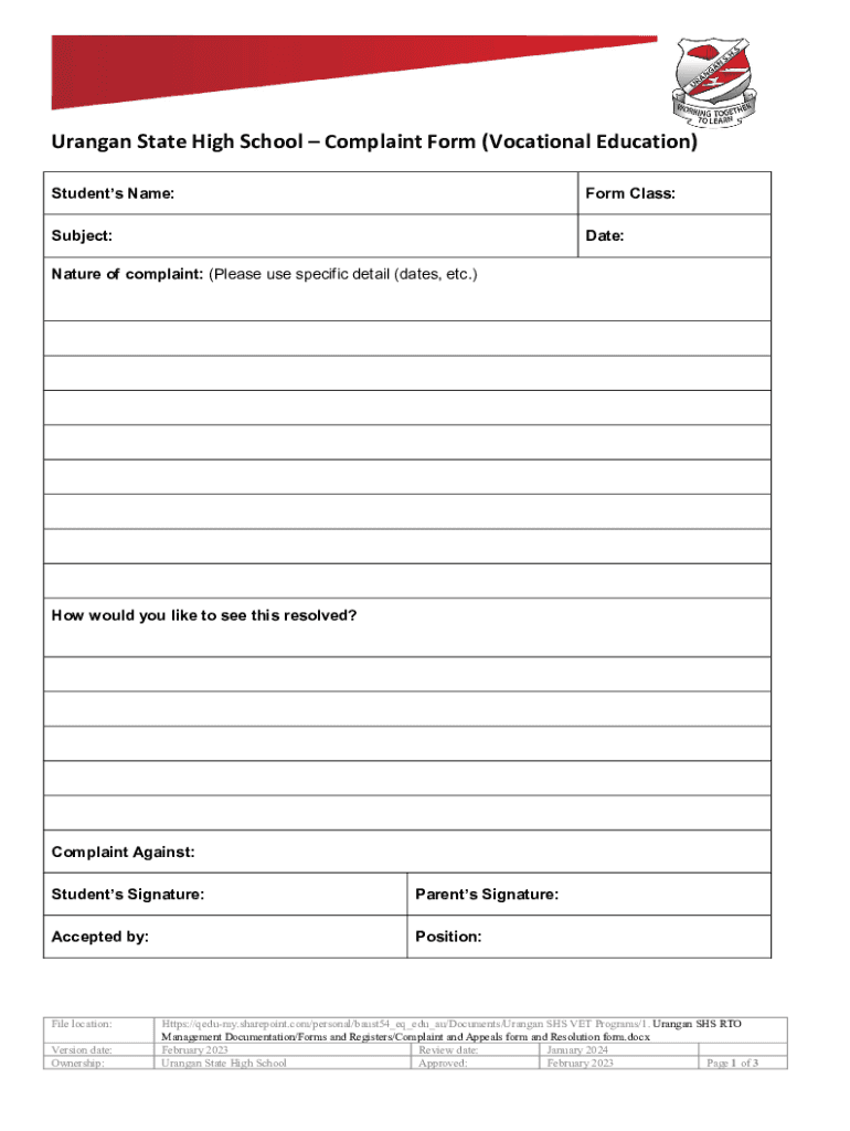 Fillable Online Complaint and Appeals form and Resolution form.docx Fax ...