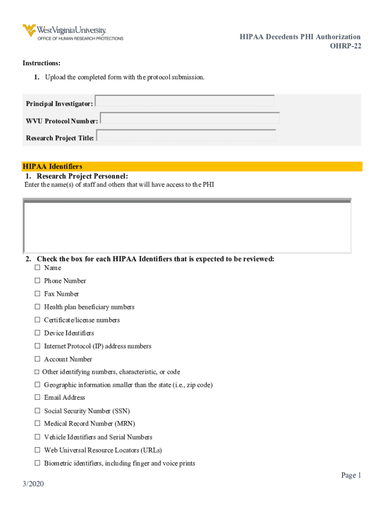 Fillable Online OHRP-22 HIPAA Decedents-PHI Authorization Form.docx Fax ...
