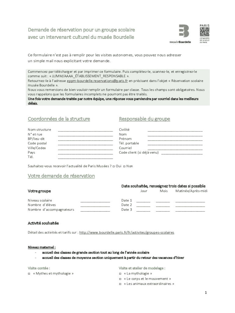 Remplissable En Ligne Demande de rservation pour un groupe scolaire avec un ... Fax Email ...