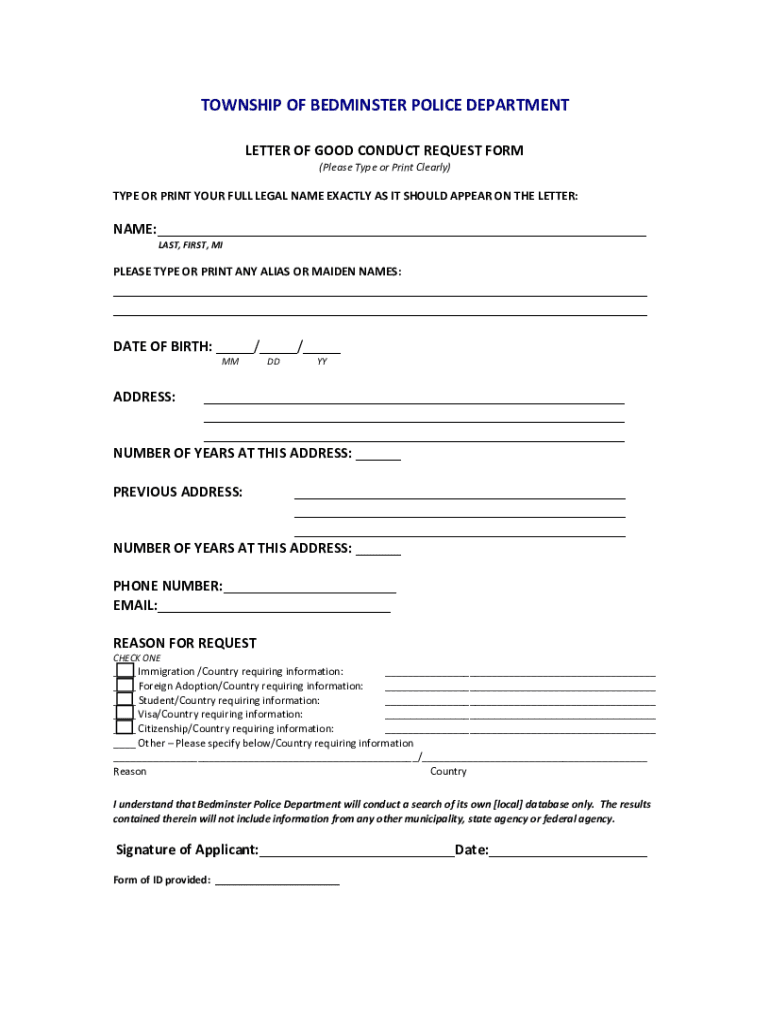 Fillable Online TOWNSHIP OF BEDMINSTER POLICE DEPARTMENT Fax Email ...