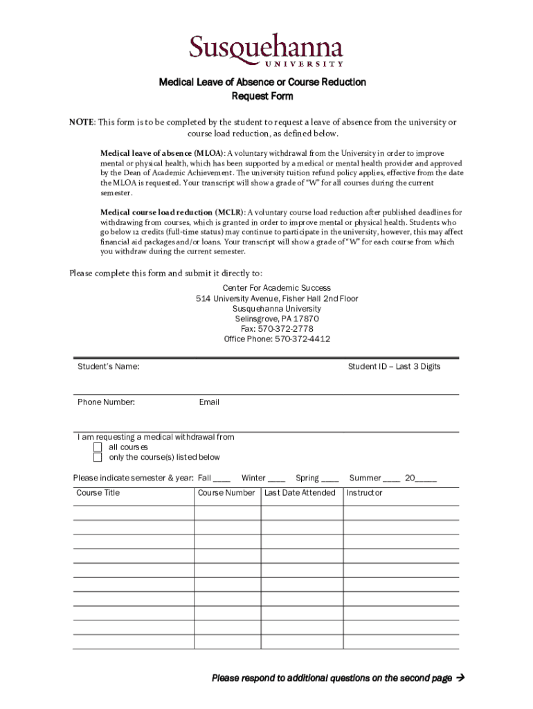 Fillable Online Medical Leave of Absence or Course Reduction Request Form Fax Email Print ...