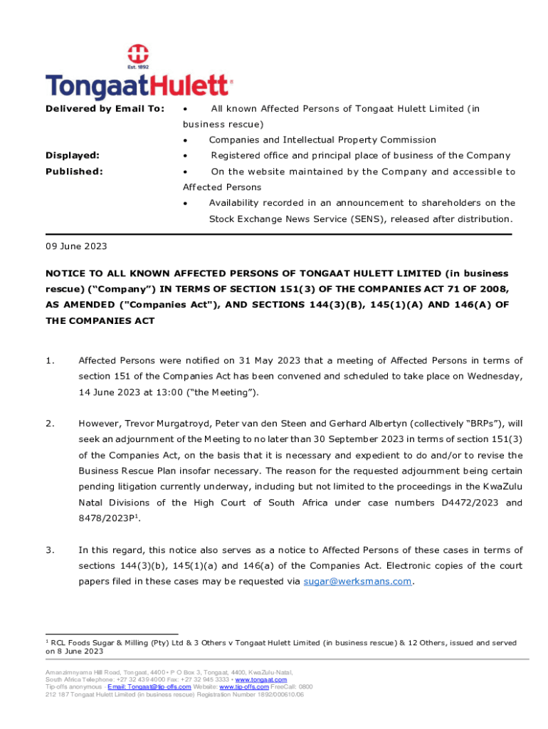Fillable Online Tongaat Hulett delays publication of business rescue ...