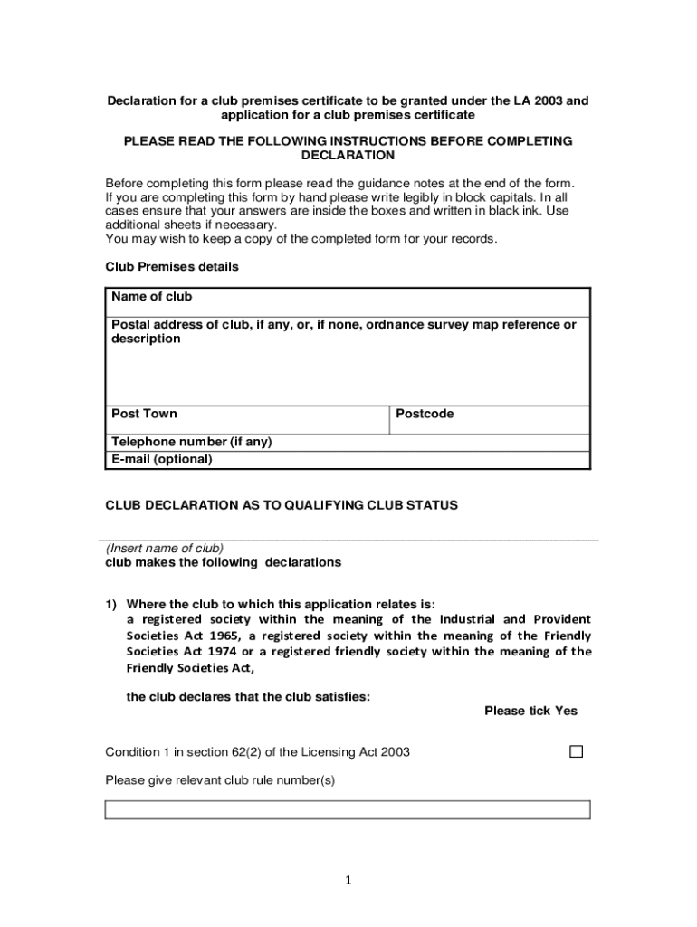Fillable Online Schedule 13 - Declaration for a club premises cert to ...