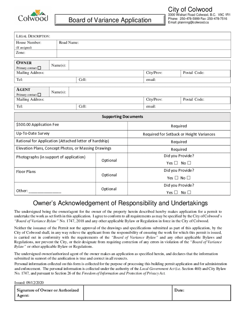 Fillable Online Board of Variance Application Owner's Acknowledgement ... Fax Email Print ...
