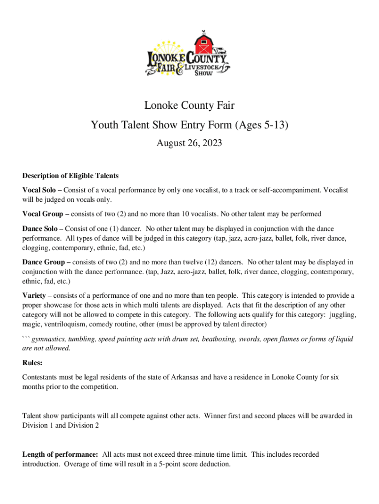 Fillable Online Lonoke County Fair Youth Talent Show Entry Form (Ages 5 ...