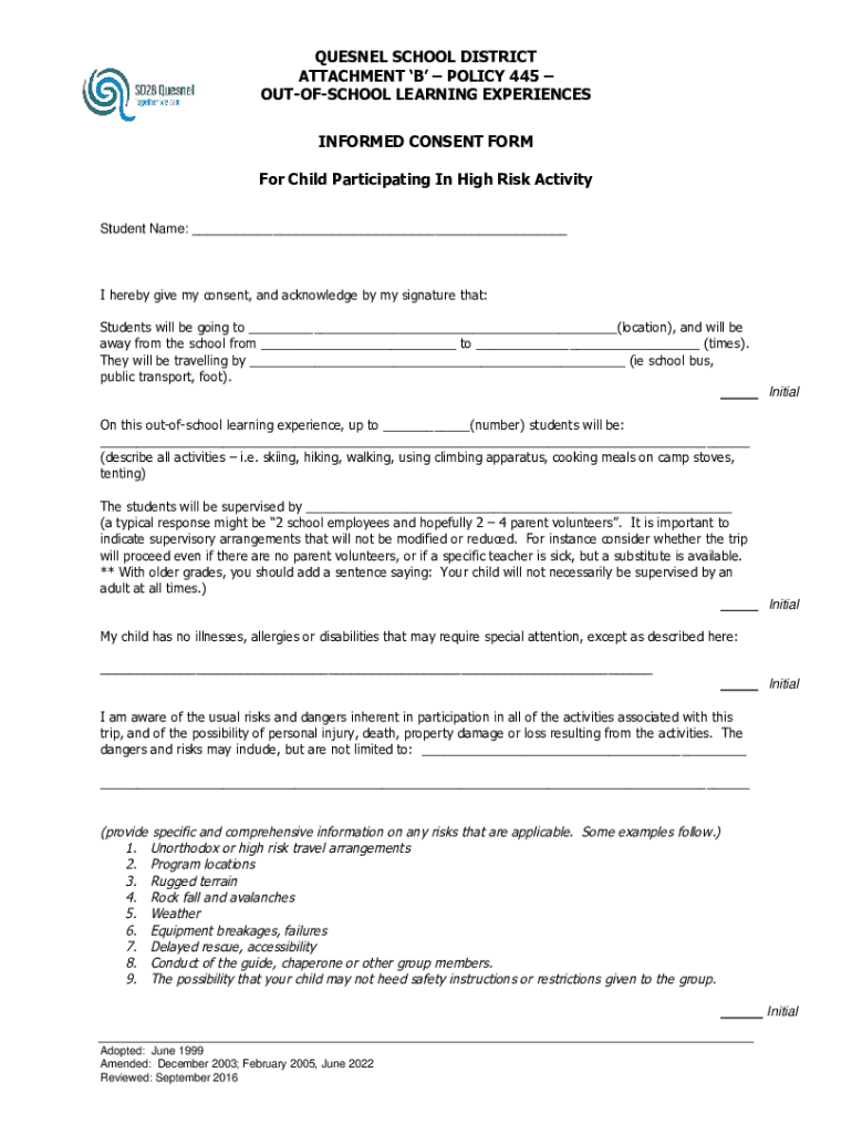 Fillable Online out-of-school learning experience school consent form ...