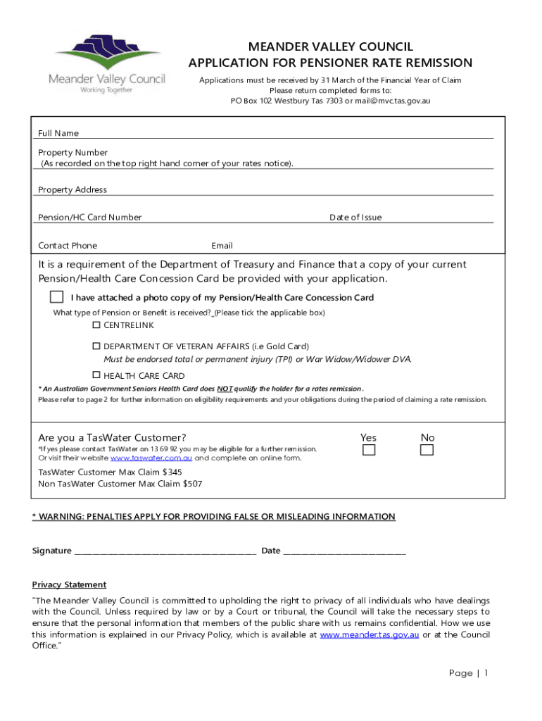 Fillable Online Pensioner Rate Remission Application Form Fax Email ...