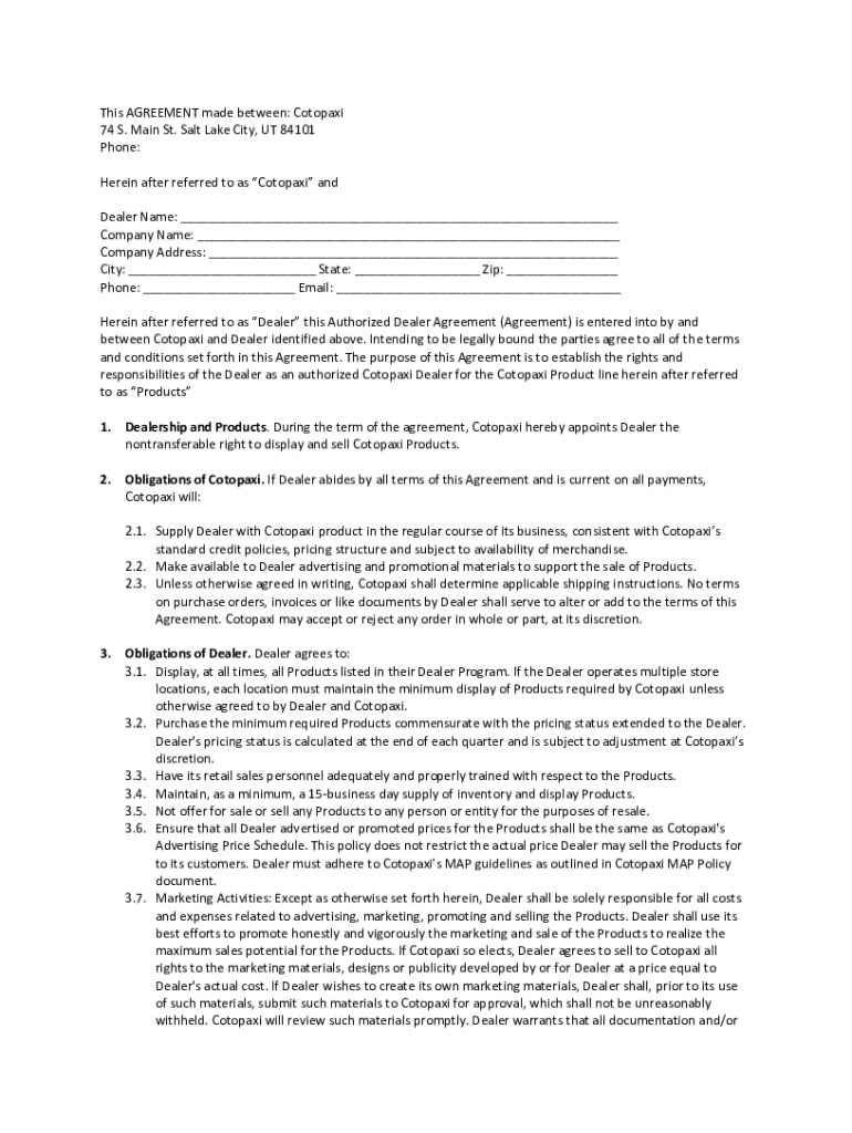 Fillable Online This AGREEMENT made between: Cotopaxi 74 S. Main St ...