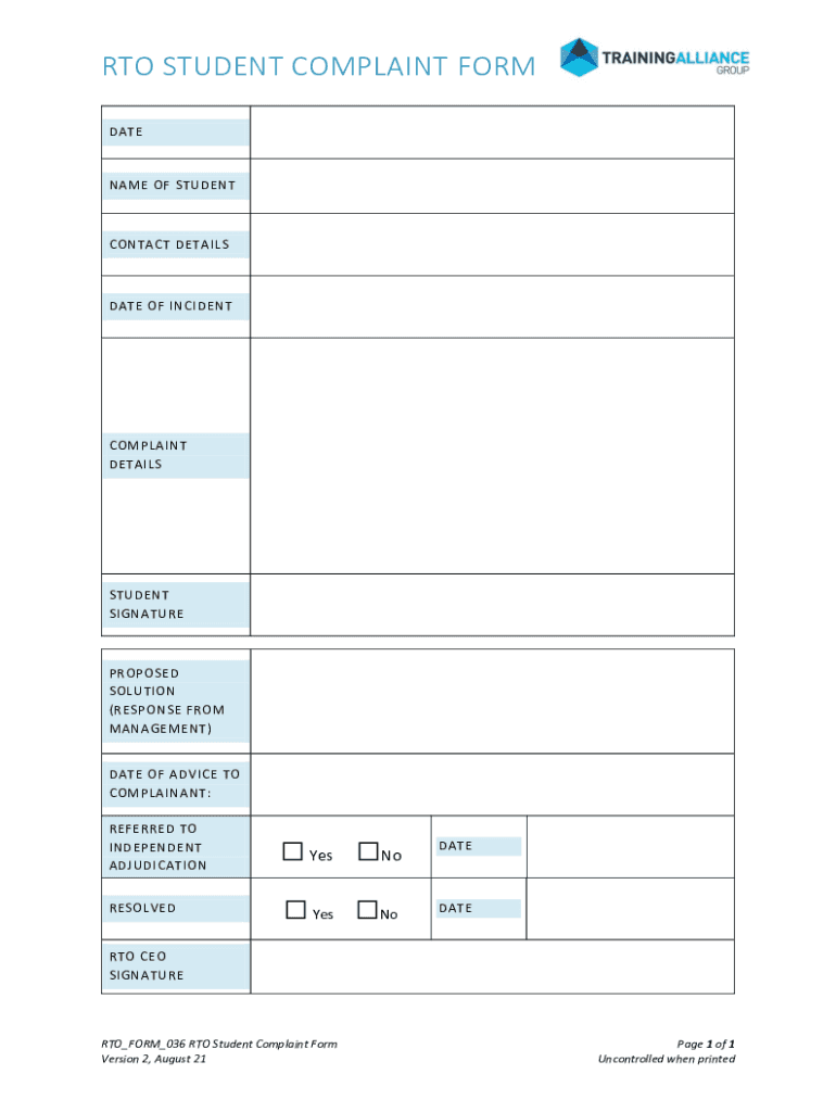 Fillable Online RTO STUDENT COMPLAINT FORM Fax Email Print - pdfFiller